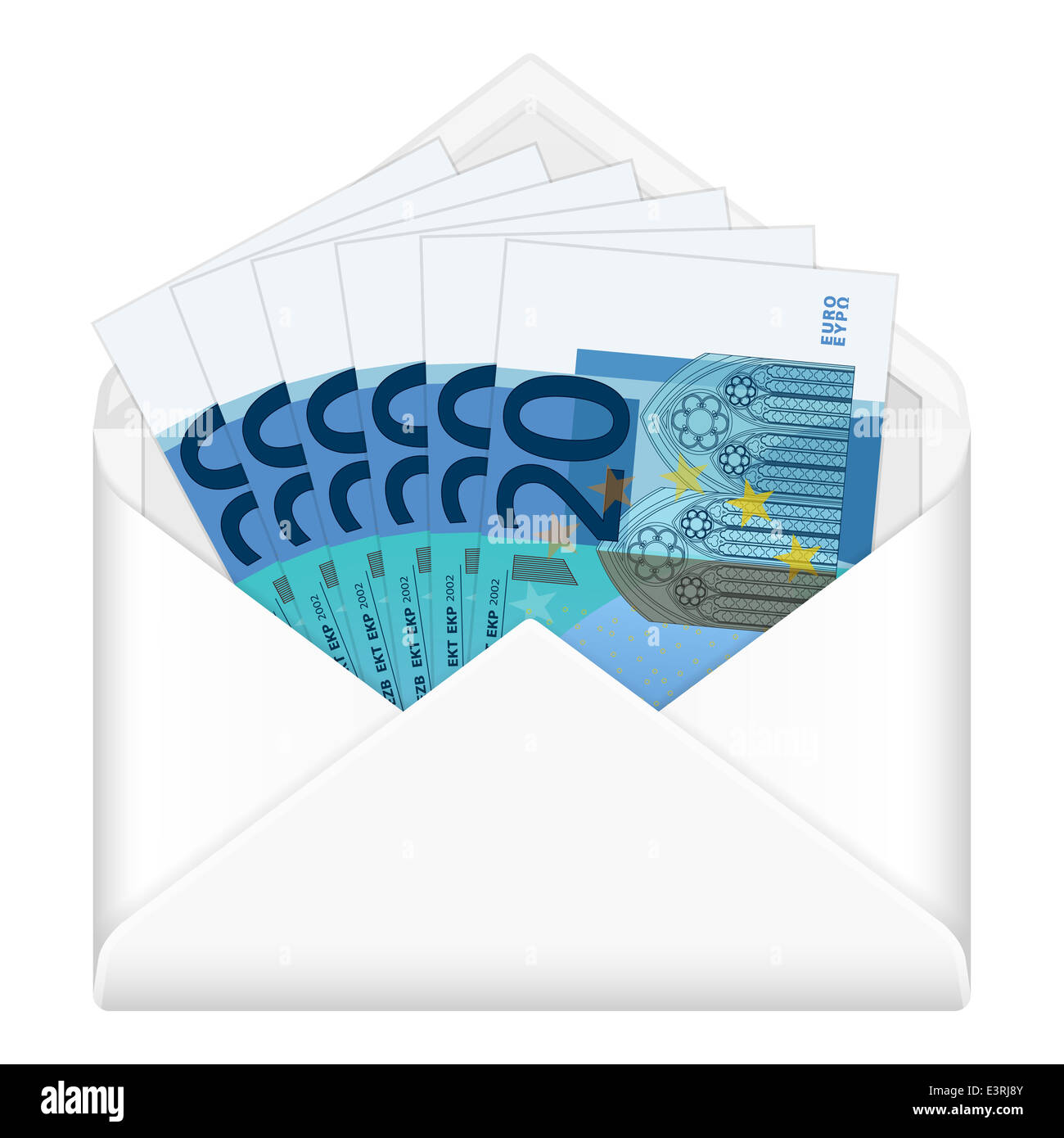 Open envelope containing twenty euro banknotes on a white background ...