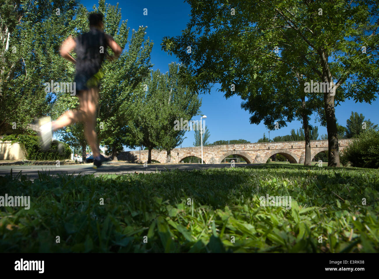 One man running in a park popular for jogging, beside the Roman Bridge ...