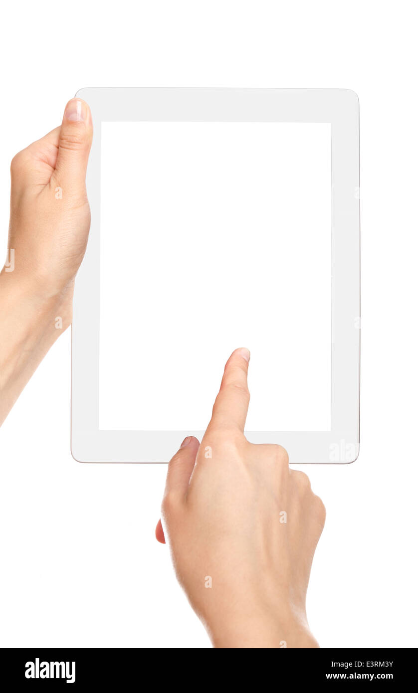 Female teen hands holding generic tablet pc, isolated Stock Photo - Alamy