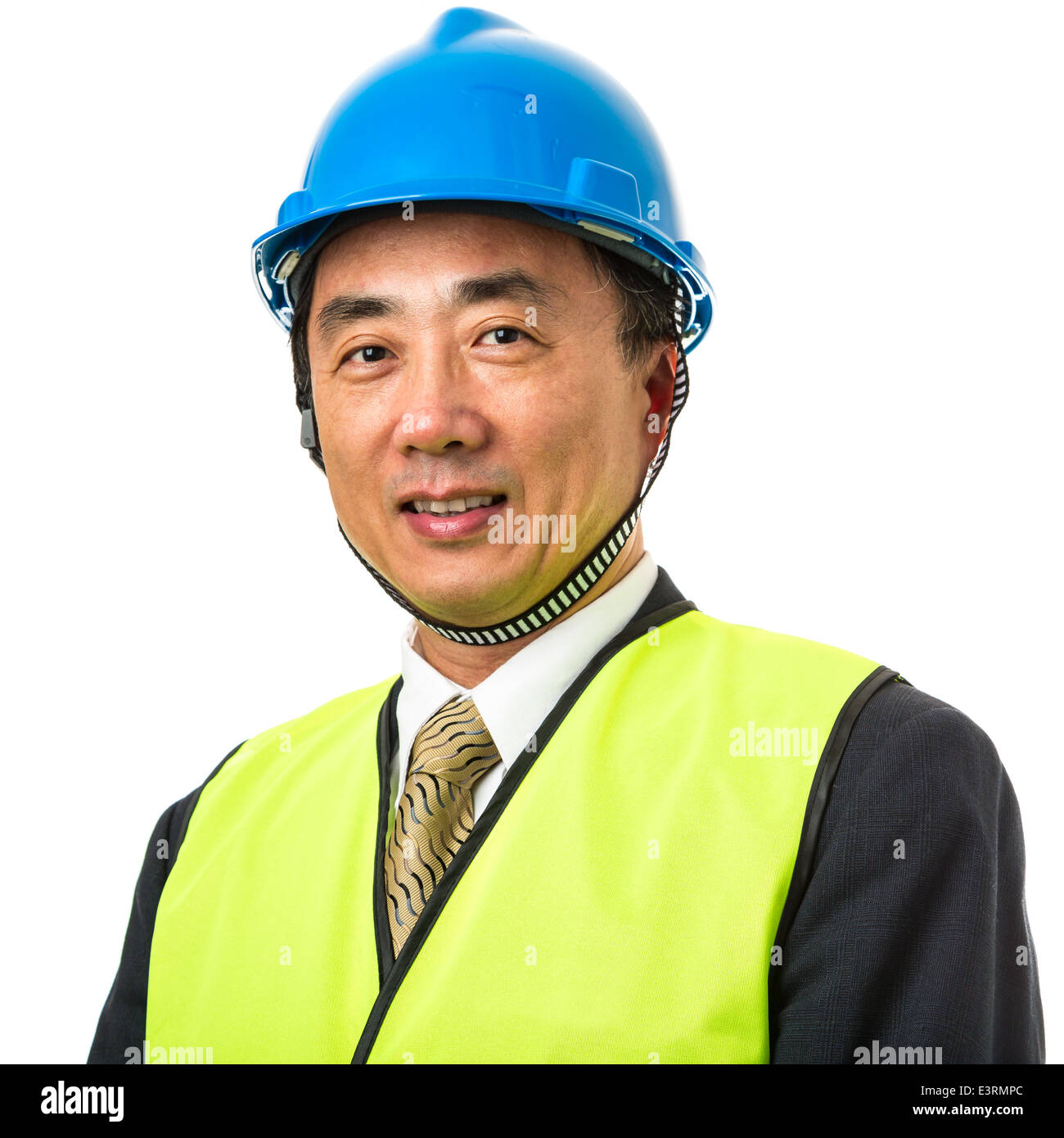 Asian male construction worker on white background Stock Photo - Alamy