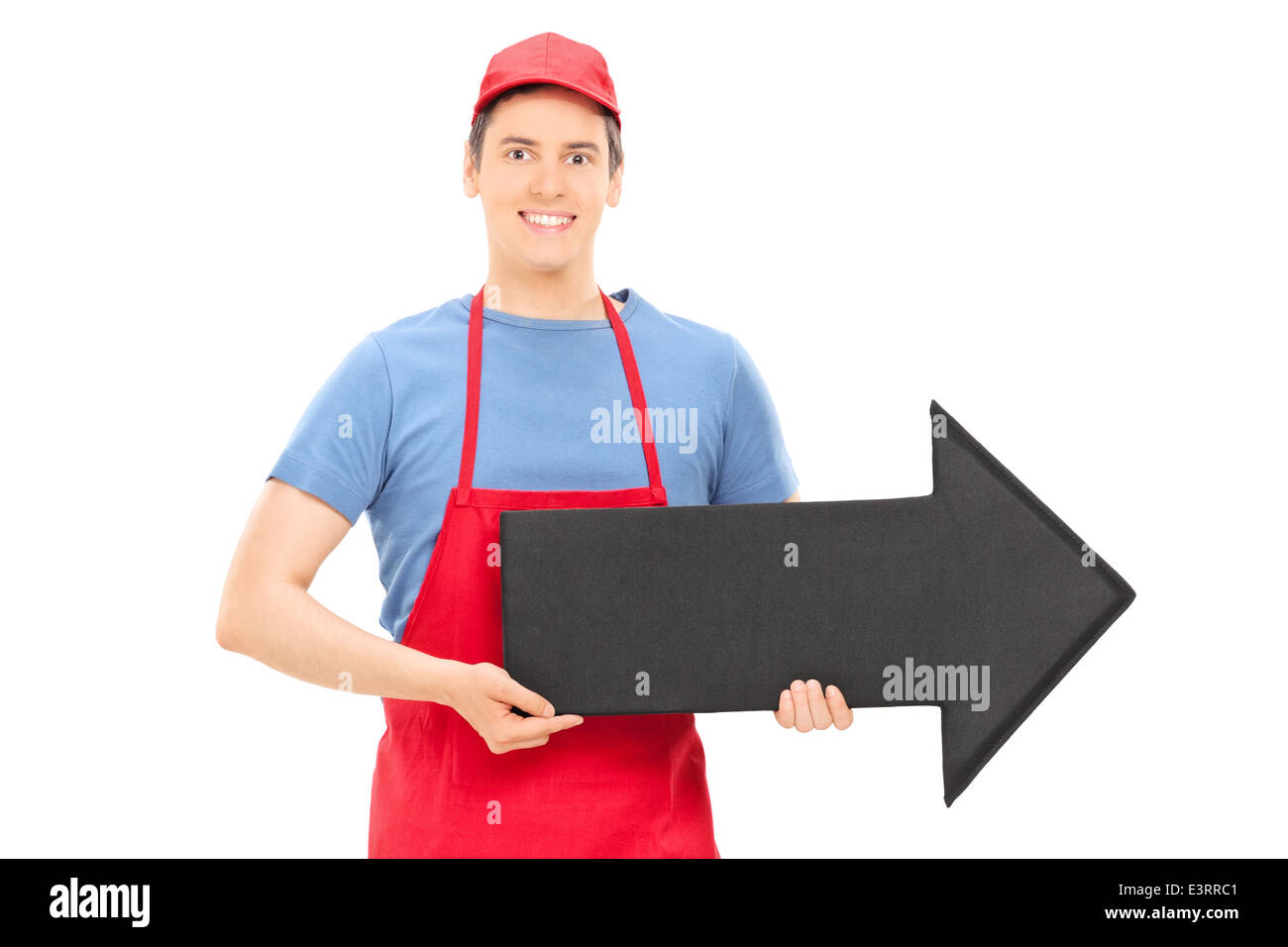 Happy black guy holding arrow hi-res stock photography and images - Alamy