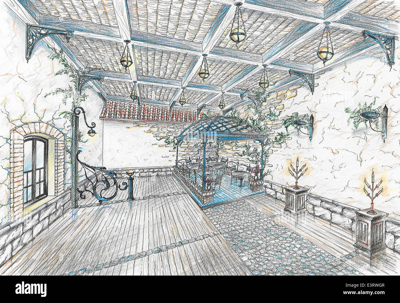 Interior of restaurant hall in style of city street Stock Photo - Alamy