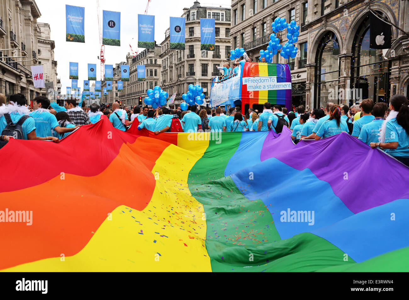 London, UK. 28th June 2014. Giant rainbow flag at the Pride London ...