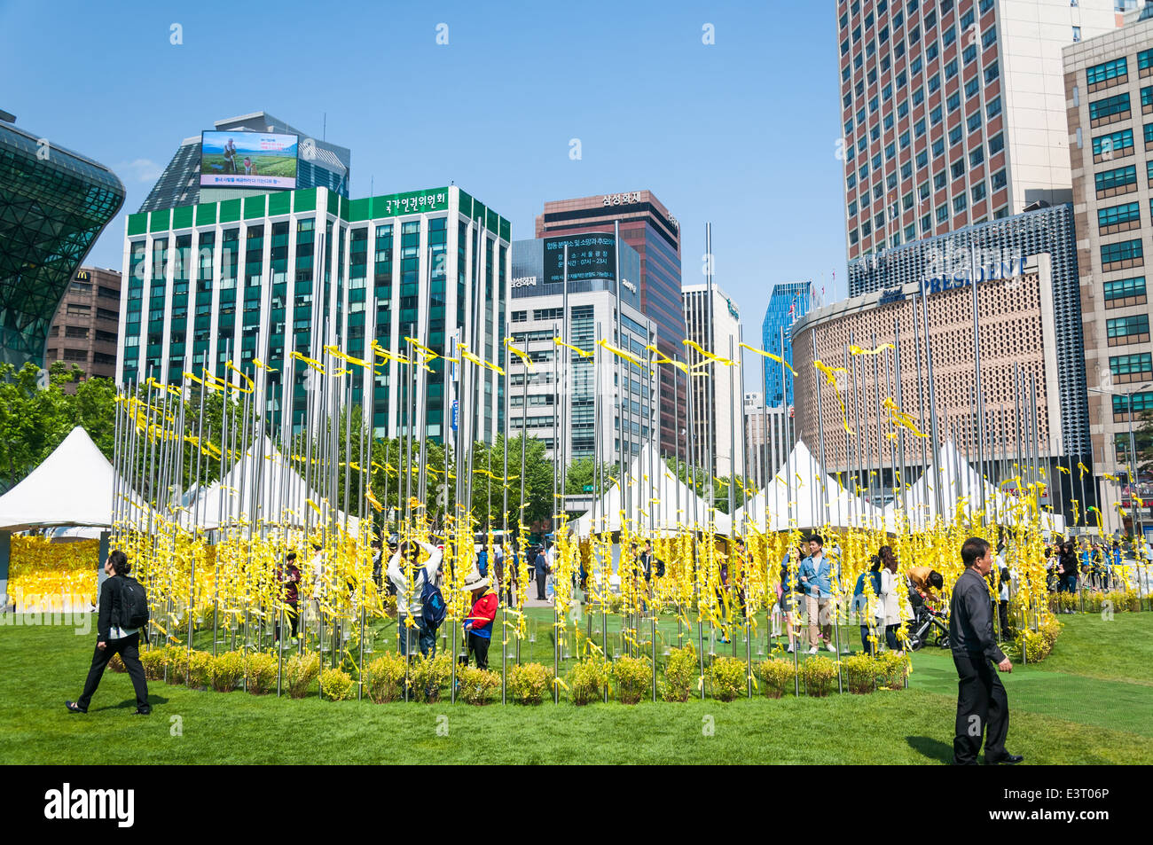 Yellow ribbons hang outside of Seoul City Hall on May 6, 2014 in memory ...