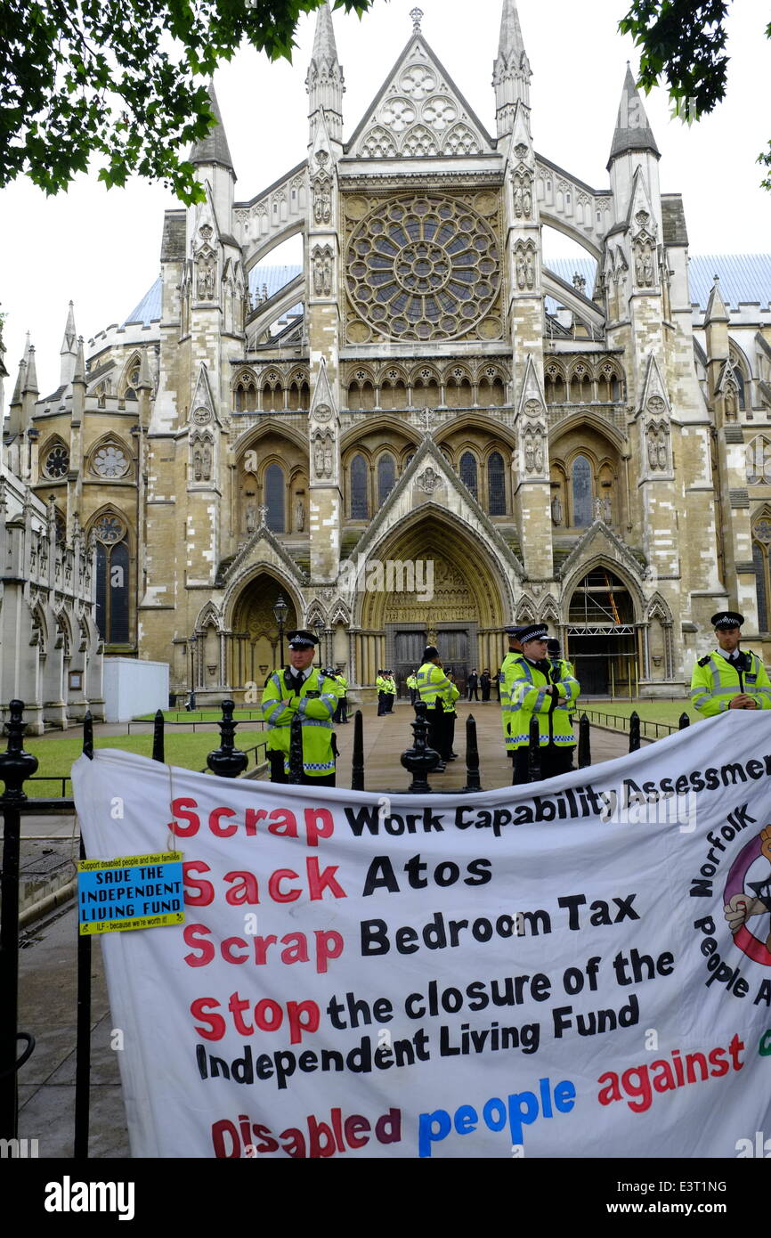 London, UK. 28th June 2014. Disabled People Against Cuts (DPAC) stage a ...