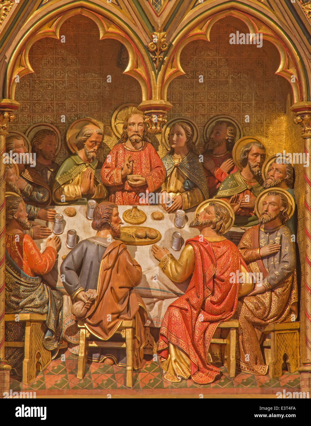 BRUGGE, BELGIUM - JUNE 13, 2014: The Last supper of Christ. Carving ...