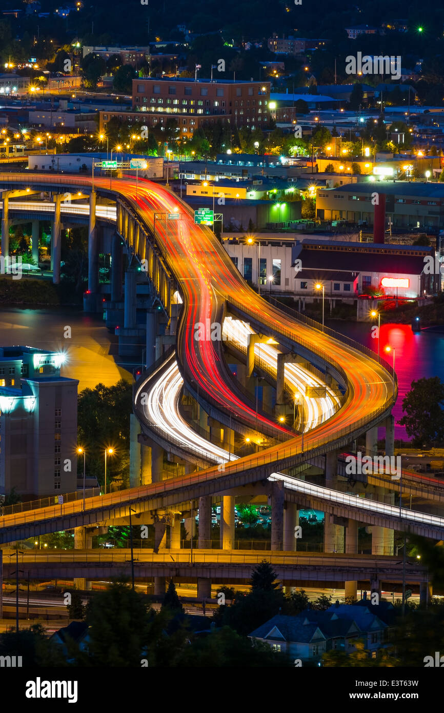 Portland, Oregon downtown freeway at night, long exposure Stock Photo ...