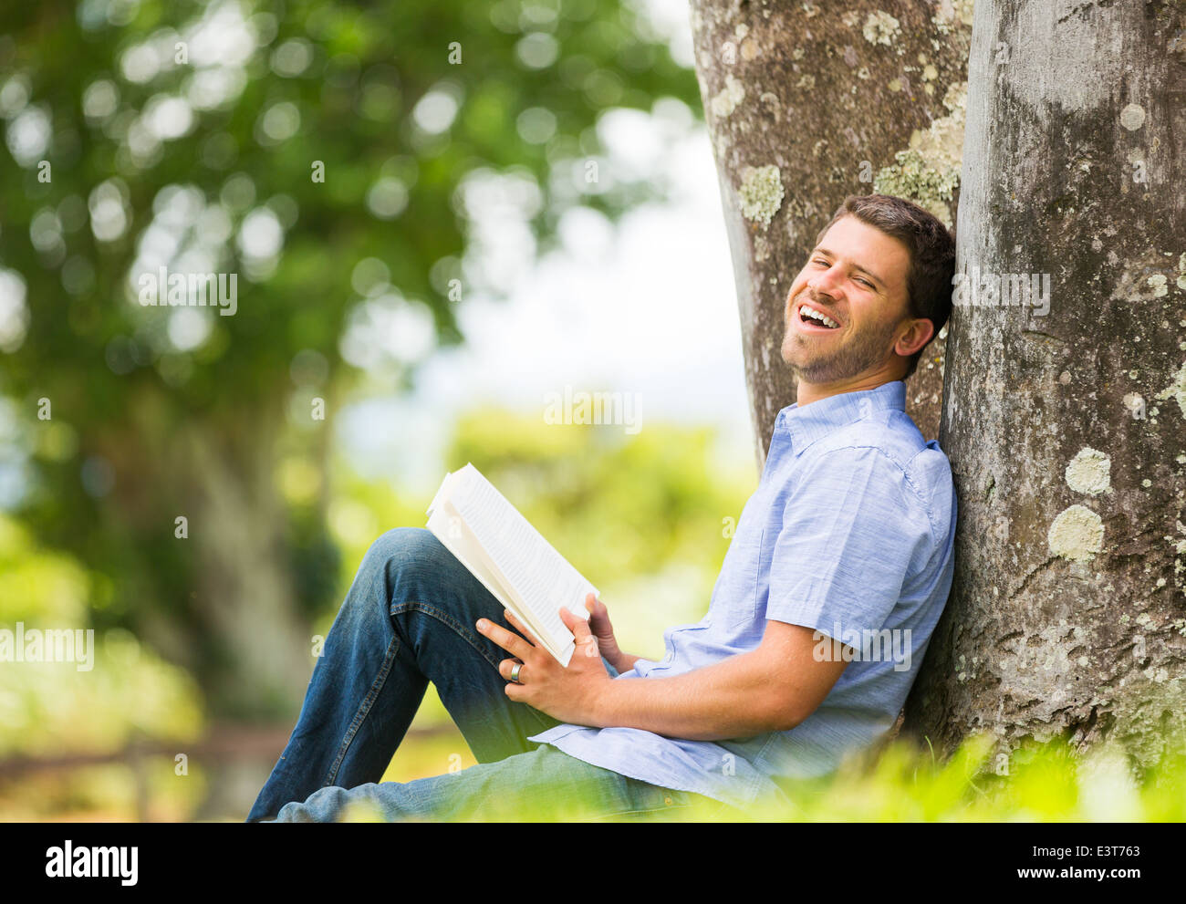 Man Reading Book In Park Sitting Under A Tree Relaxing Outdoors