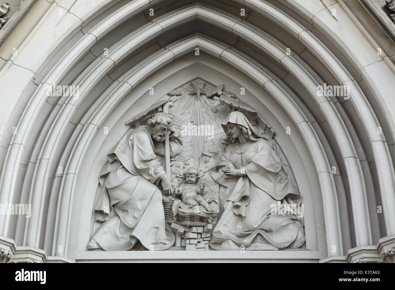 The Nativity. Neo-Gothic relief over the main gate of Saint Wenceslas ...