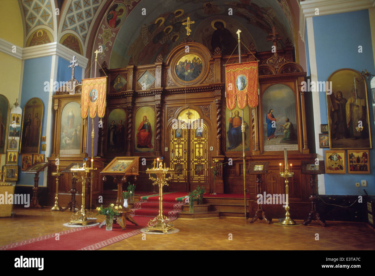 Wooden carved iconostasis. Orthodox Church of Saints Peter and Paul in Karlovy Vary, Czech ...