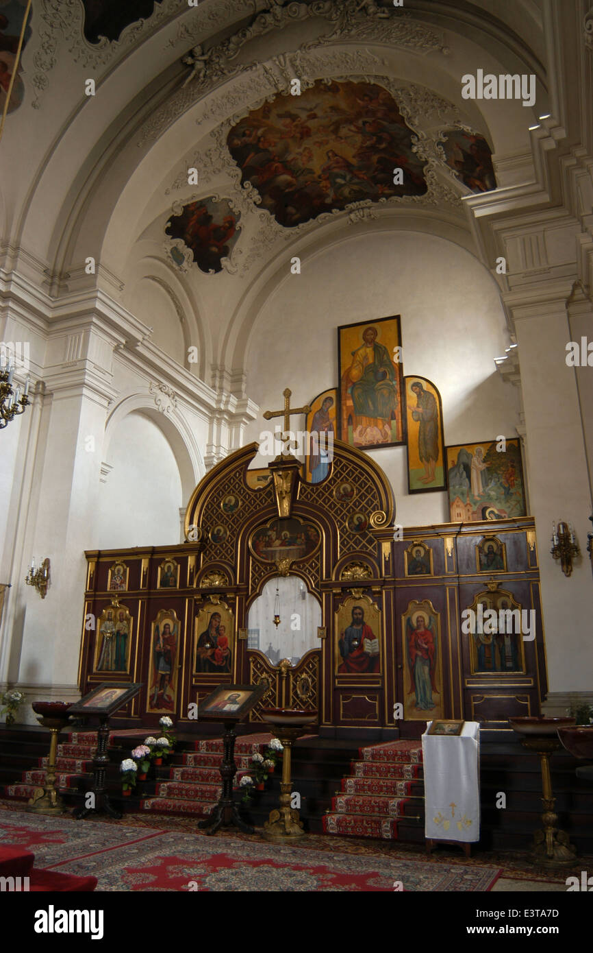 Wooden iconostasis in the Orthodox Cathedral of Saints Cyril and Methodius in Prague, Czech ...