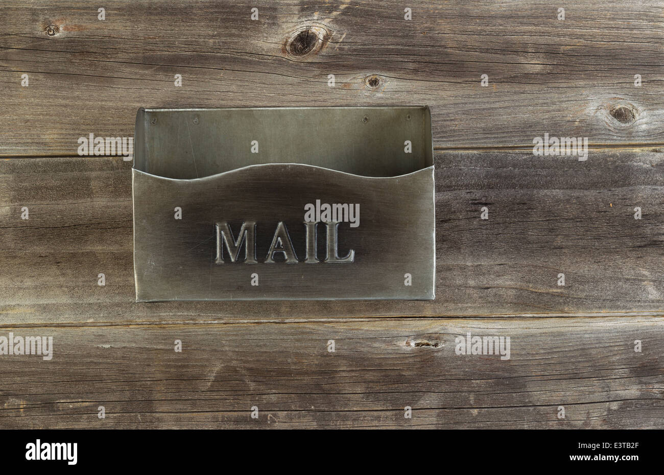 Overhead view of an empty old metal mailbox on rustic wooded boards ...