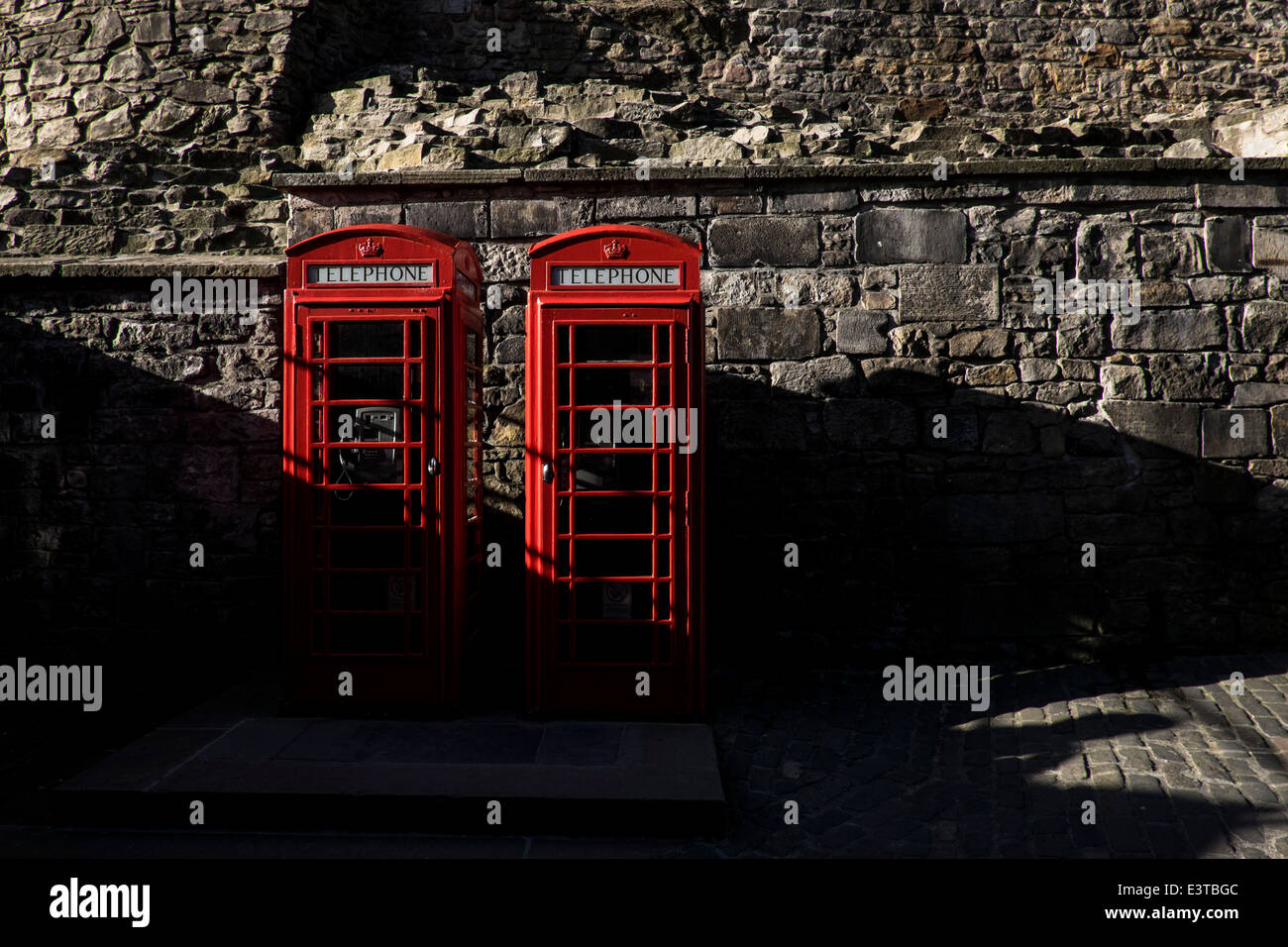 Red telephone booths at the Edinburgh's Castle in Scotland Stock Photo ...
