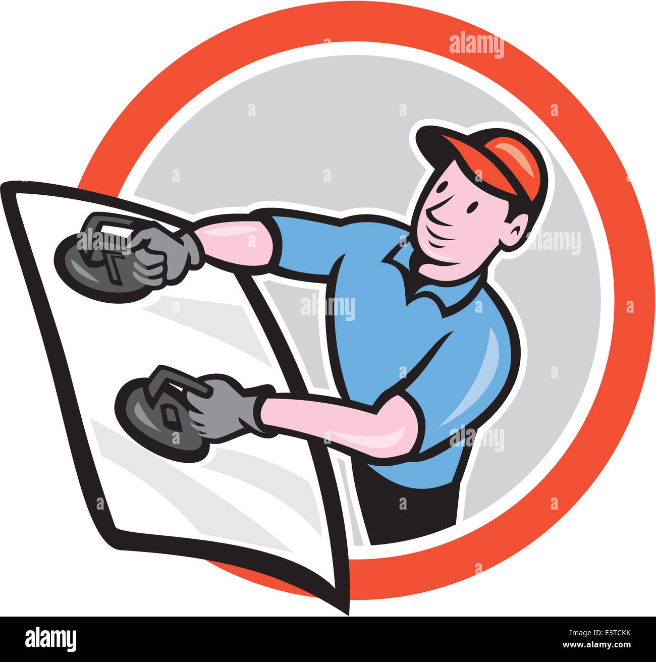 Illustration of automotive glass installer carrying windshield viewed ...