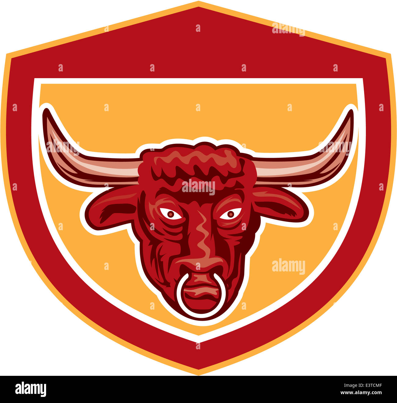 Illustration of a bull head in front view set inside crest shield done ...