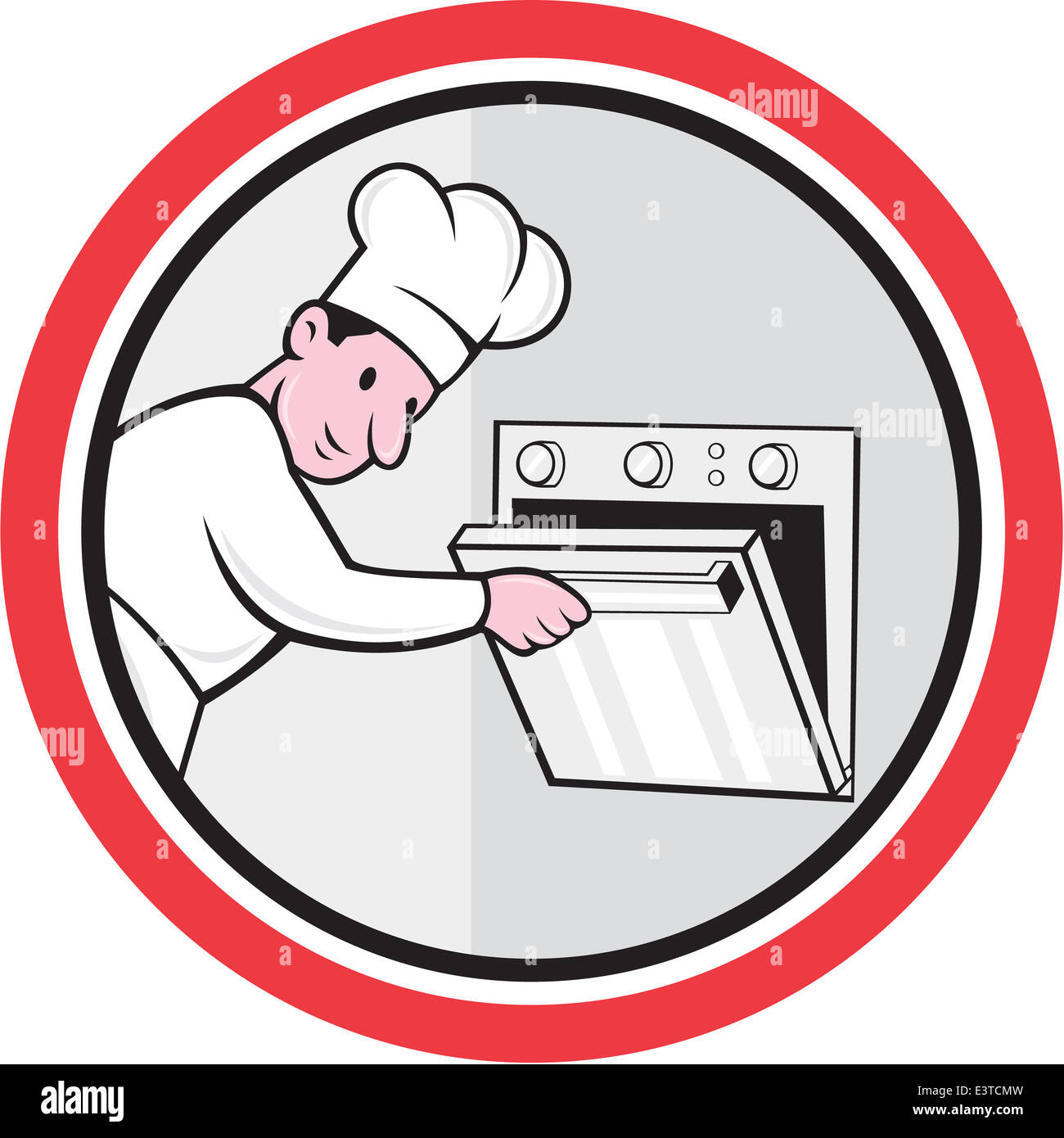 Illustration of a chef cook baker opening oven set inside circle on ...