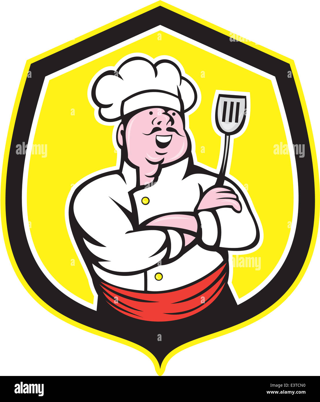 Illustration of a chef cook holding spatula facing front set inside ...