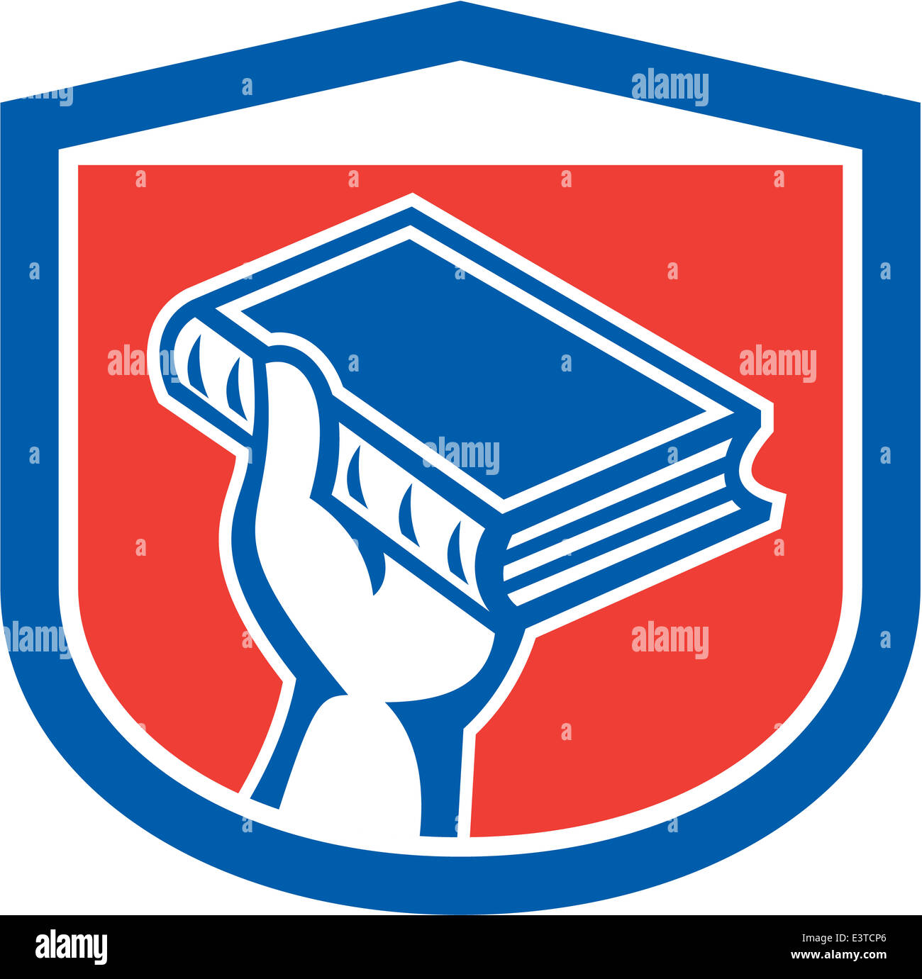 Illustration of a hand holding book set inside shield crest done in ...