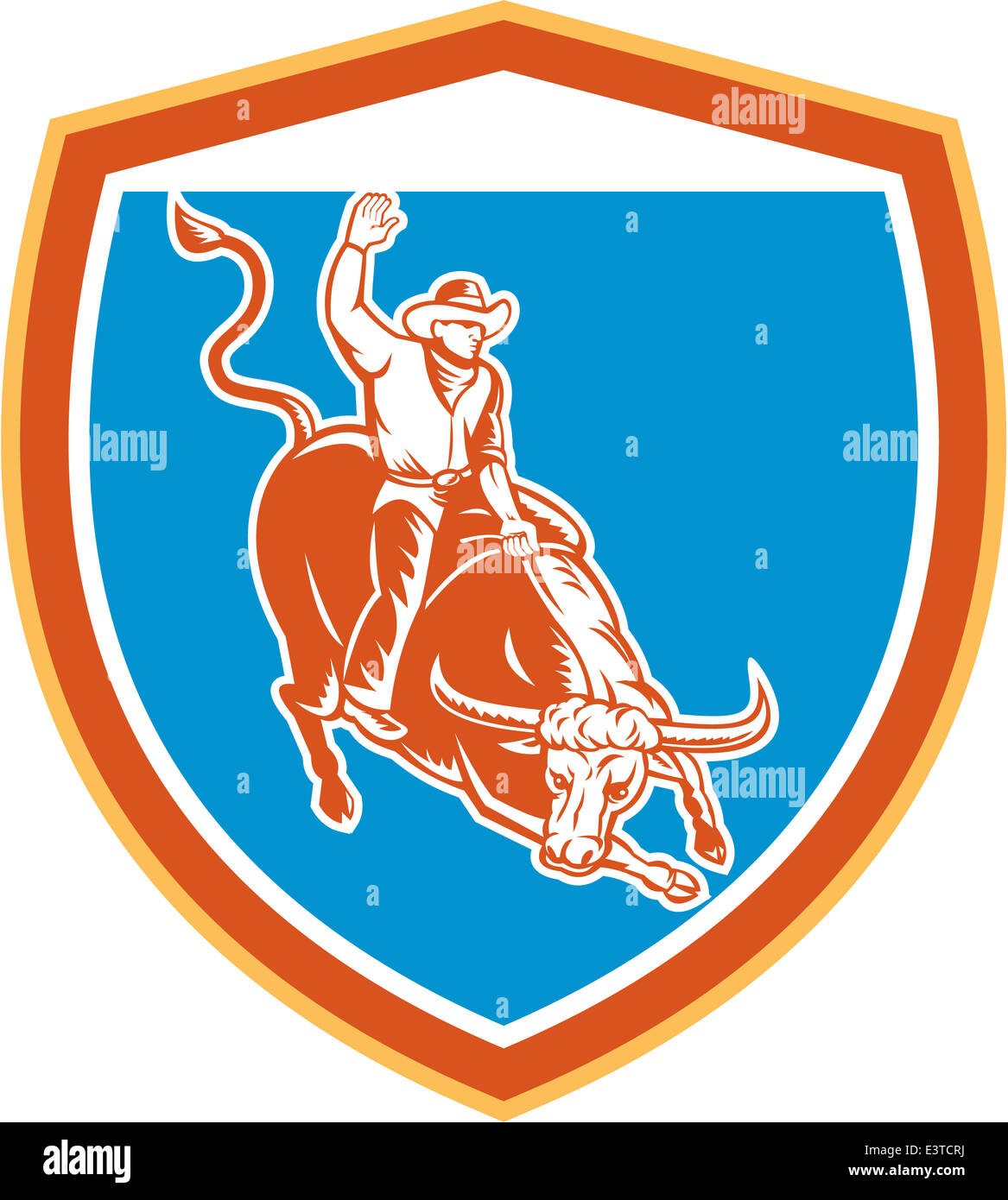 Illustration of rodeo cowboy riding bucking bull set inside shield ...