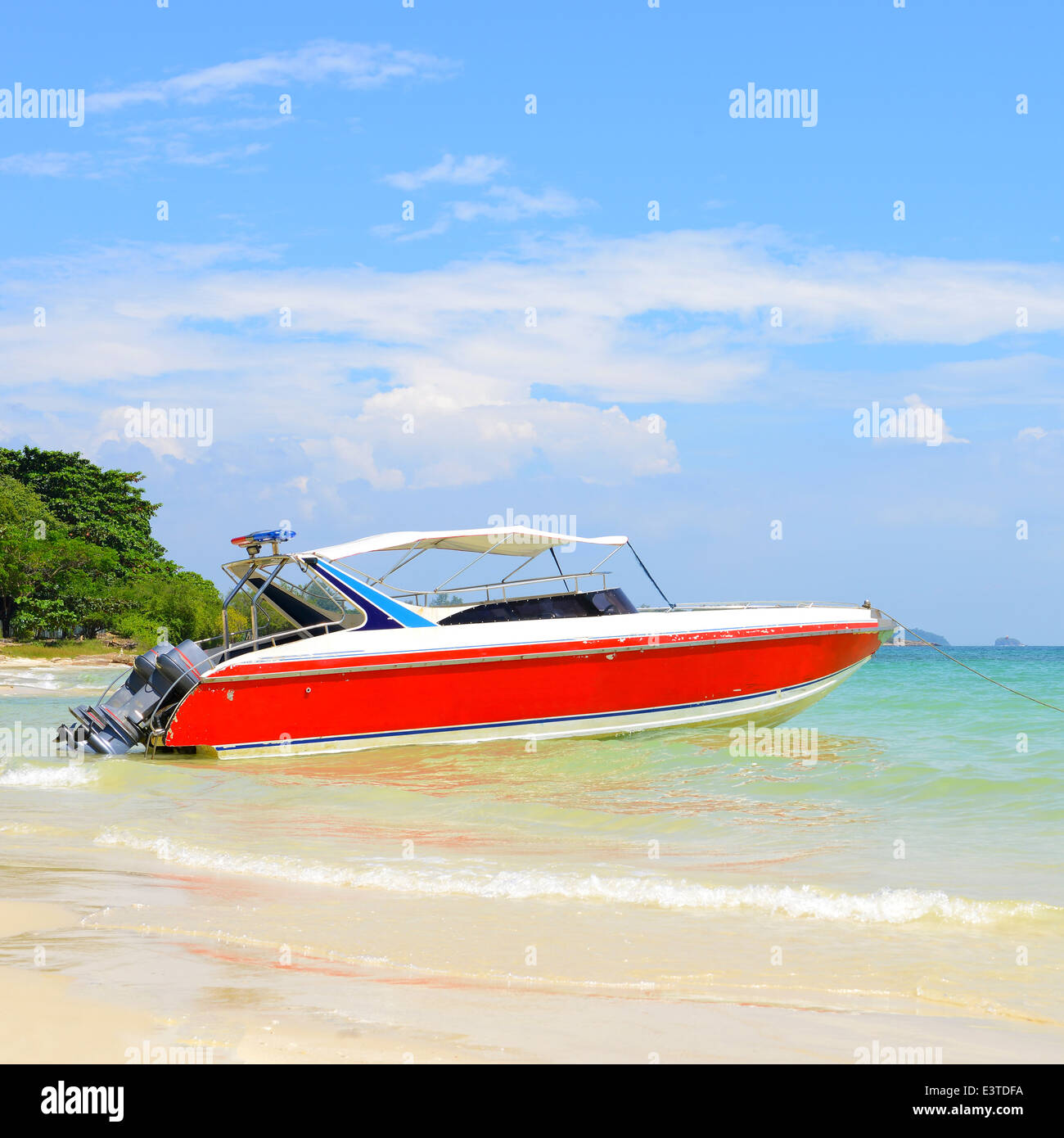 Beautiful beach with red motor boat at Samed island, Thailand Stock ...