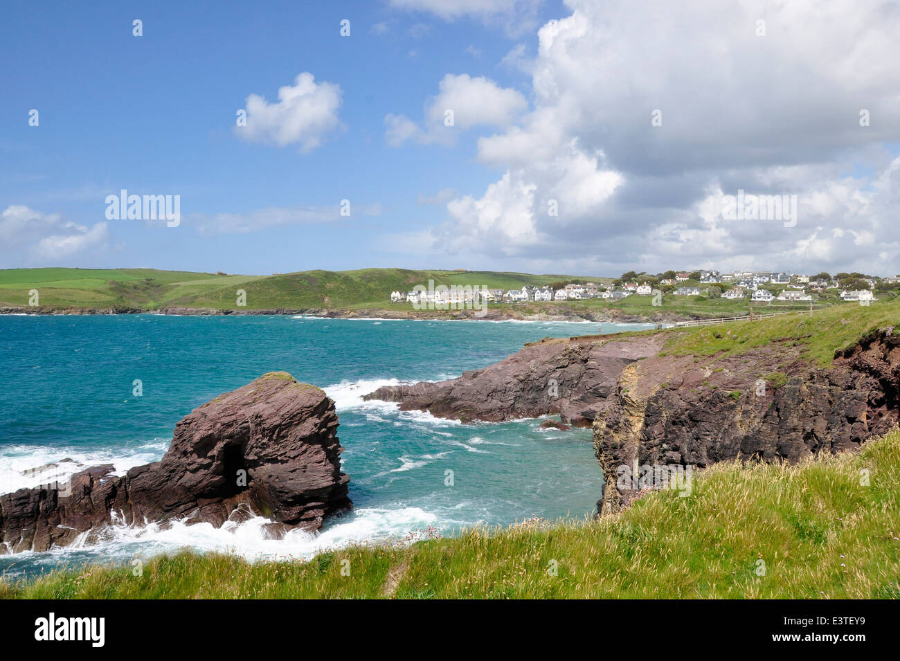 Cornwall - North Coast Path - view to Polzeath village - cliff top path ...