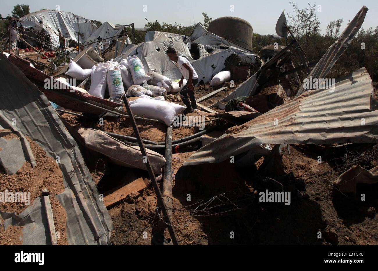 Gaza. 29th June, 2014. A Palestinian inspects a damaged chicken coop ...