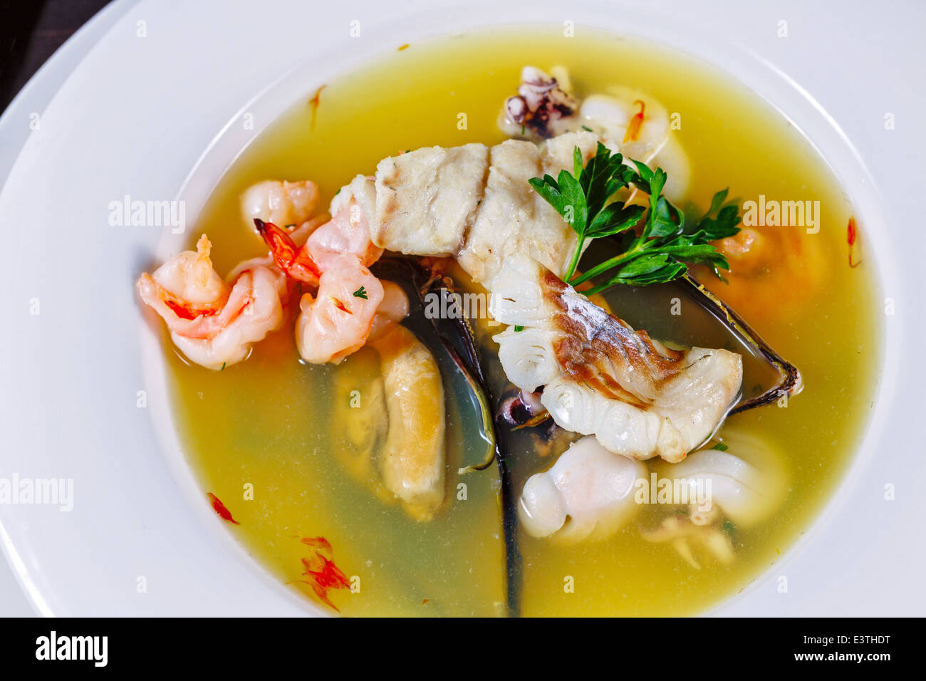 Appetizing seafood chowder for lunch at an expensive restaurant Stock ...