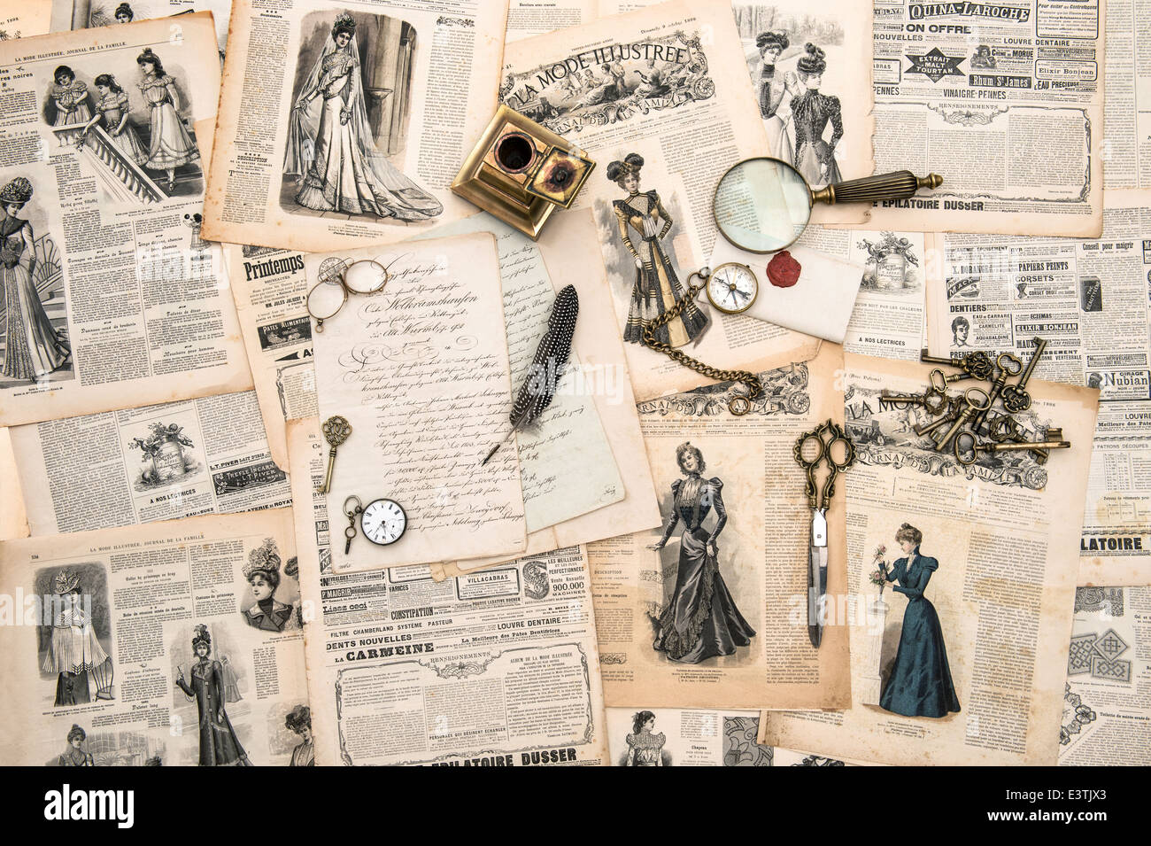 antique office accessories, writing tools, vintage fashion magazine for ...