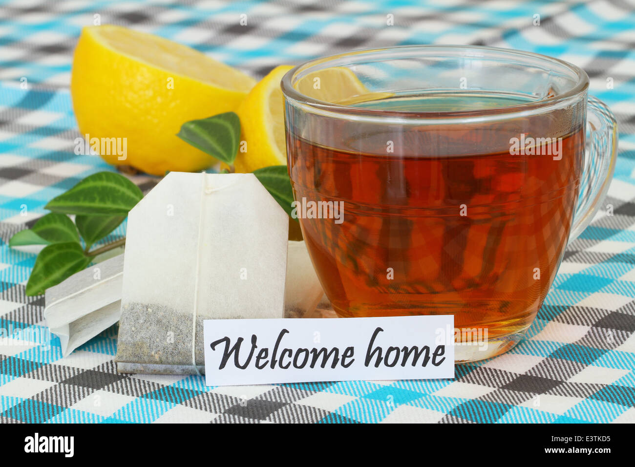 Welcome home card with cup of tea Stock Photo - Alamy