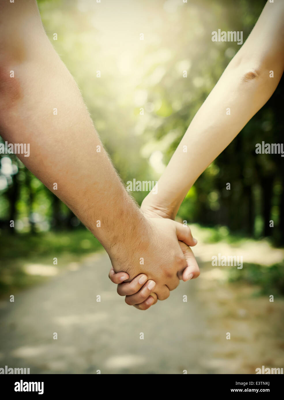 Lovers couple holding hands in a forest Stock Photo - Alamy