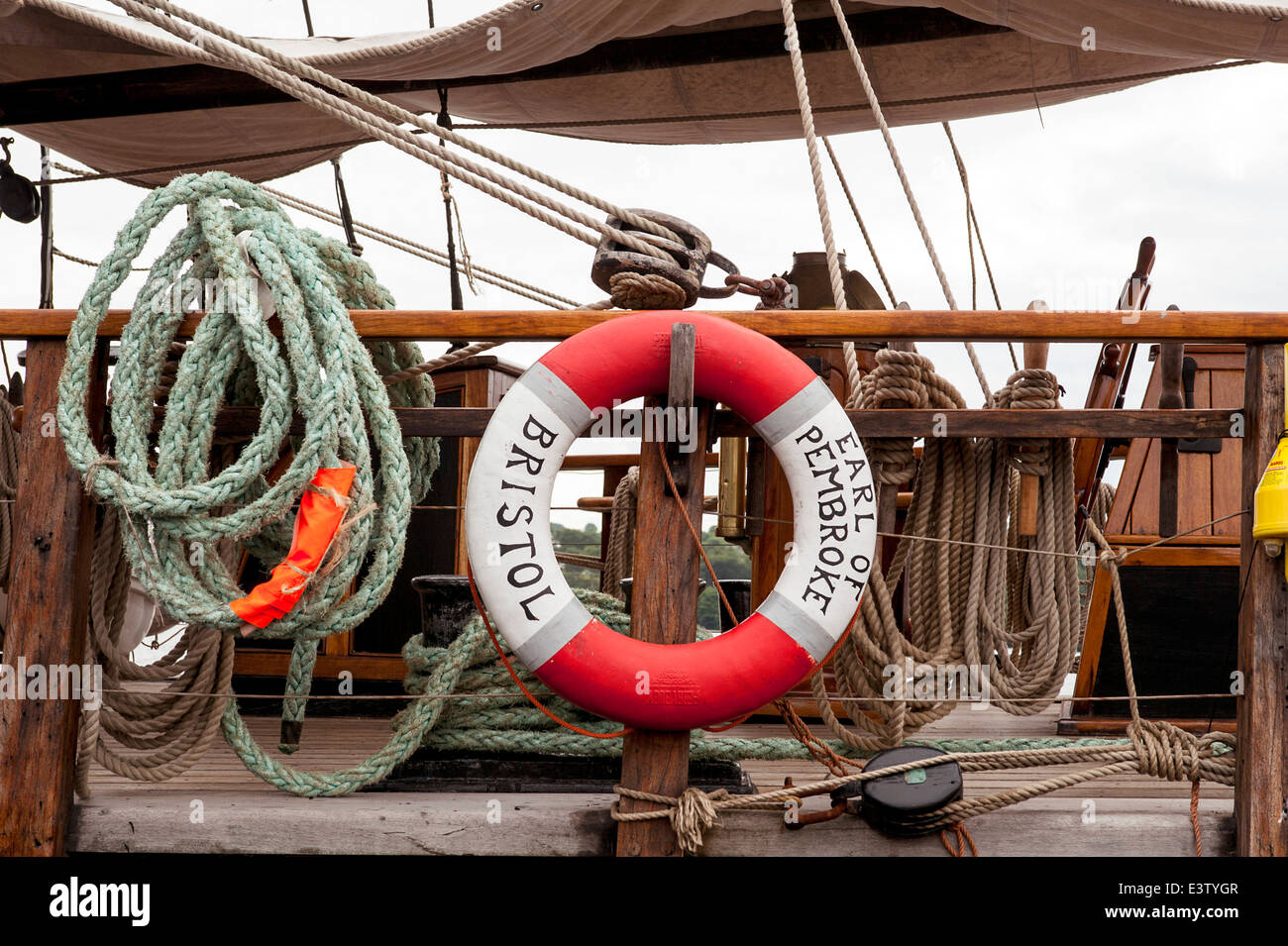 View of the deck and a life buoy on the Earl of Pembroke tall ship ...