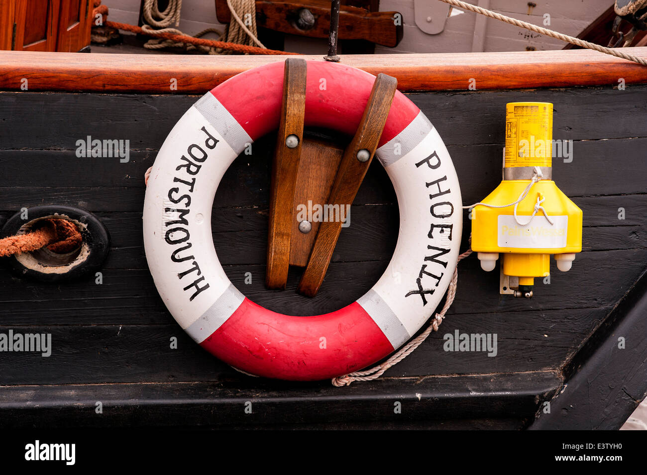 View of a life buoy on the Phoenix tall ship moored at McFarlane quay ...