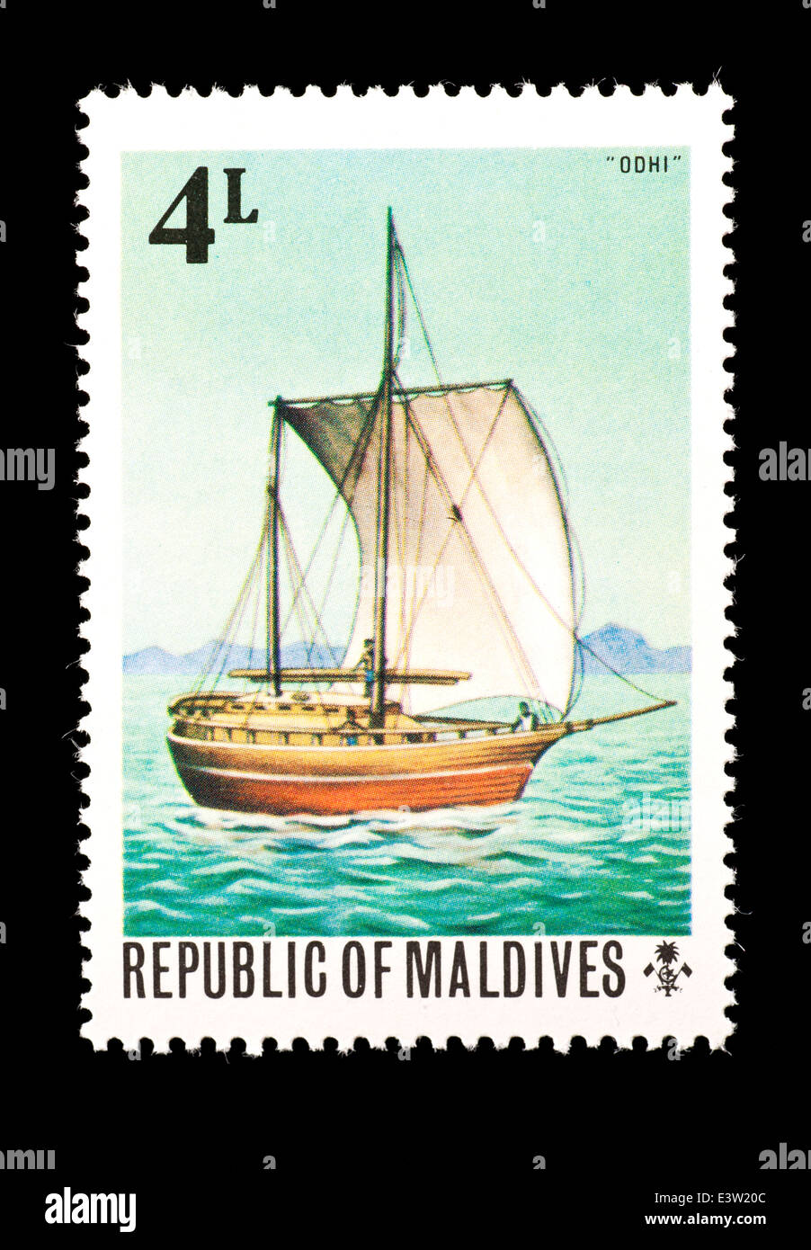 Postage stamp from the Maldive Islands depicting the sailing ship Odhi ...
