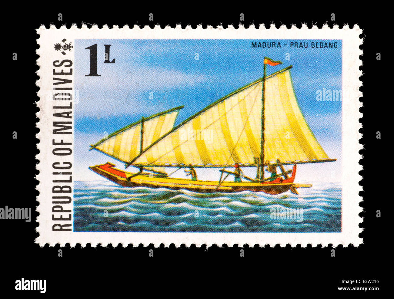 Postage stamp from the Maldive Islands depicting a Madura-Prau Bedand ...