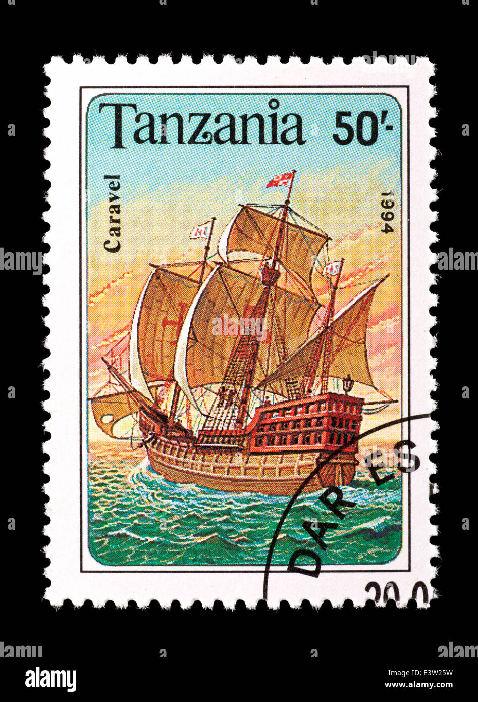 Postage stamp from Tanzania depicting a caravel ship Stock Photo - Alamy