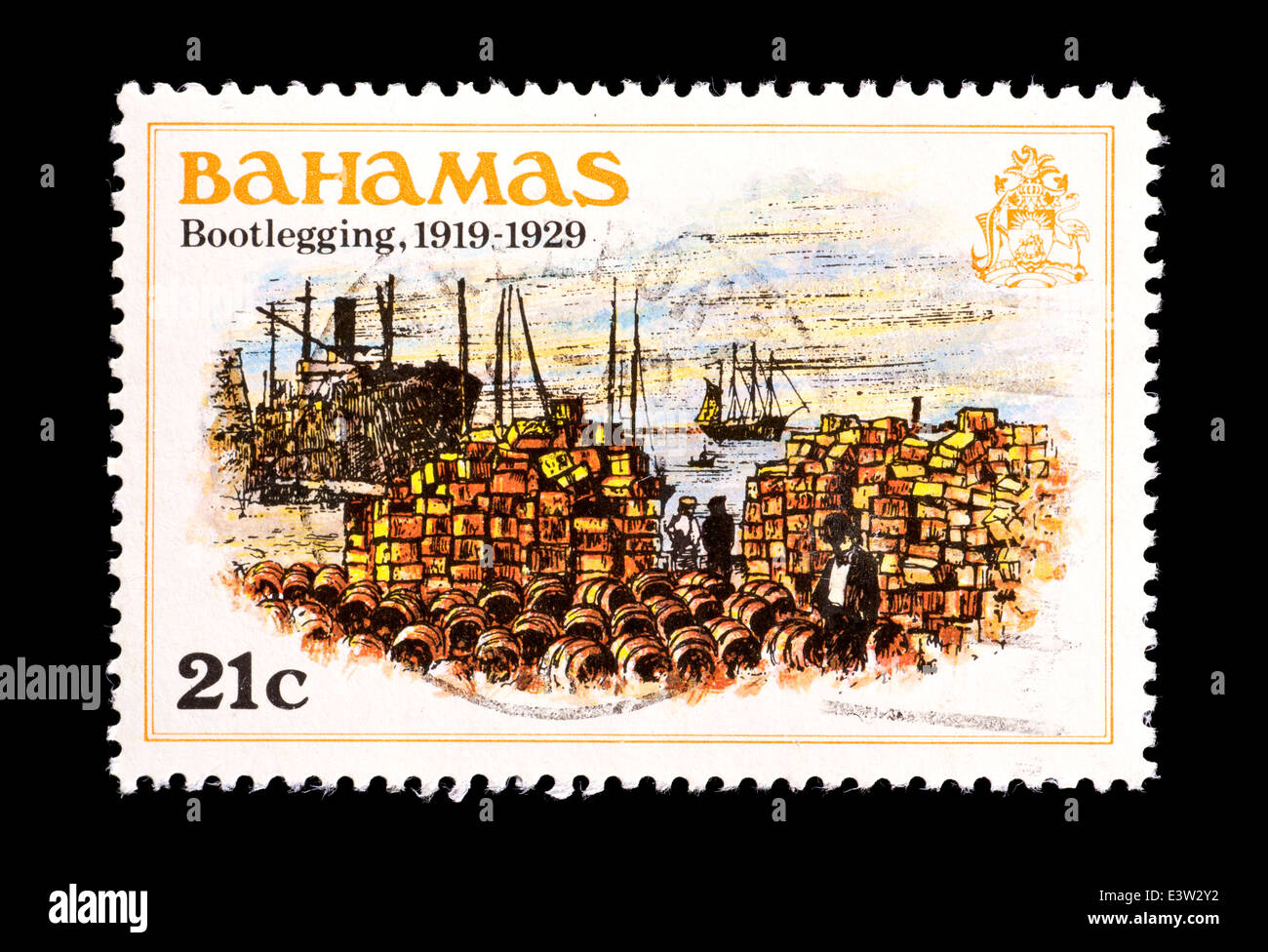 Postage stamp from the Bahamas depicting. Shipping dock and bootleggers ...