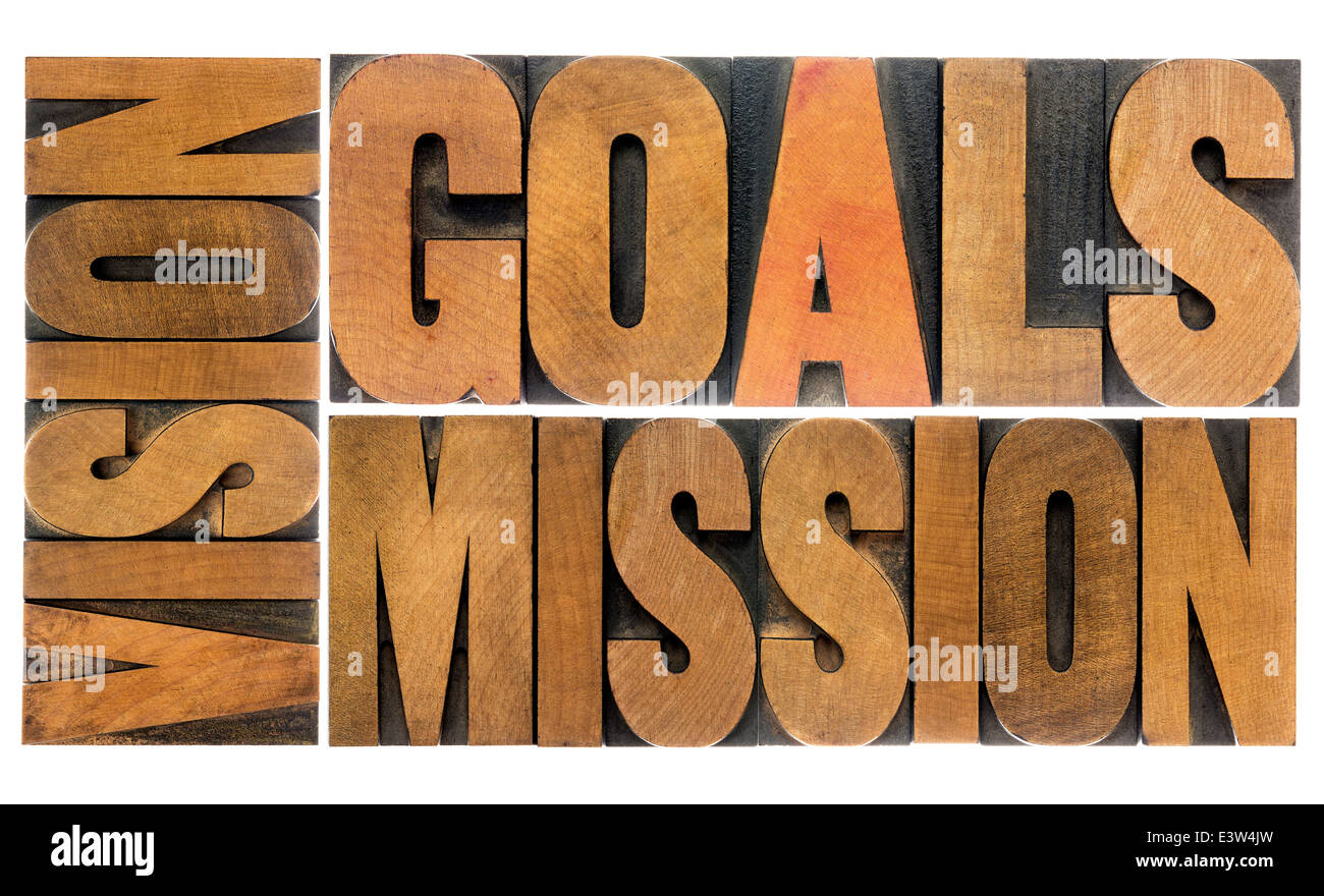 goals, vision and mission word abstract - a collage of isolated text in ...