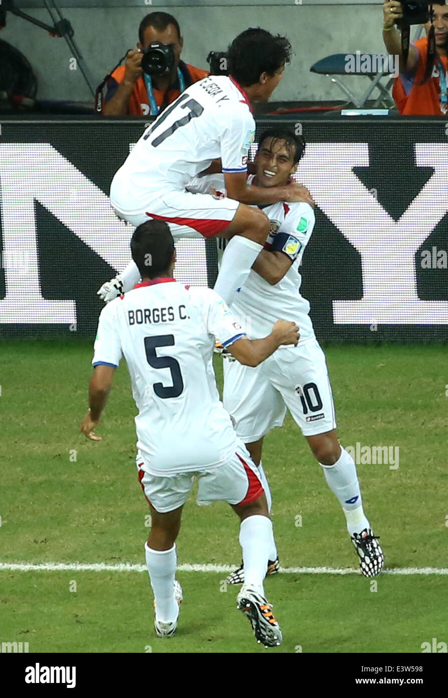Recife, Brazil. 29th June, 2014. Costa Rica's Bryan Ruiz (R) celebrates ...