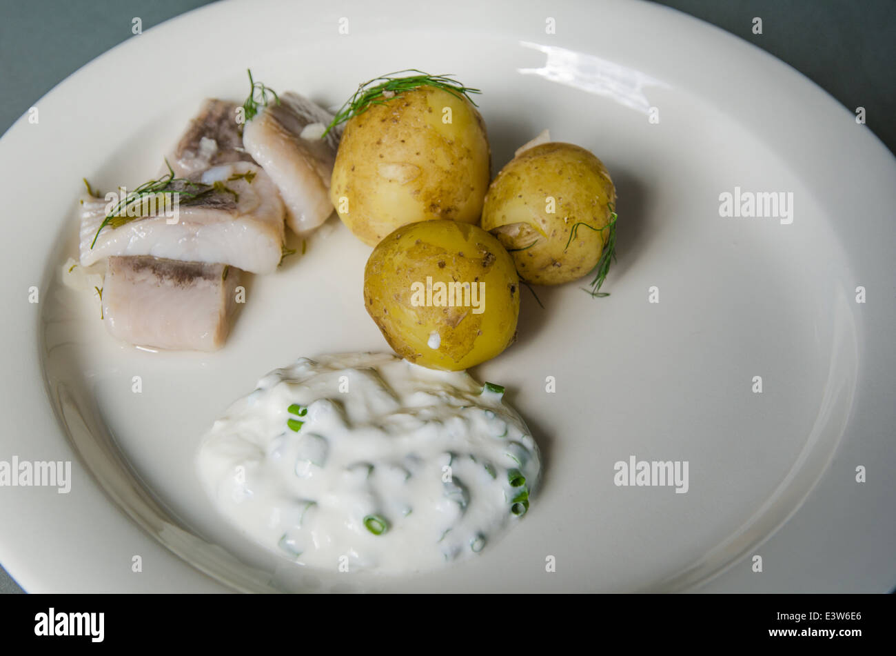 Traditional swedish summer meal with new potatoes and marinated seafish ...