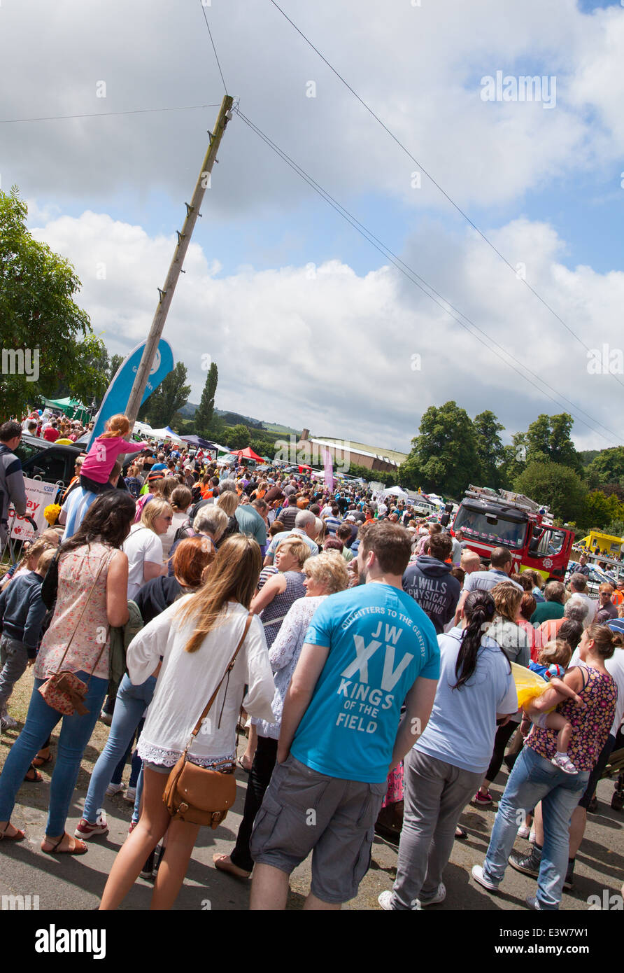Crowds of people queue to enter Denbigh carnival in a park on a sunny ...