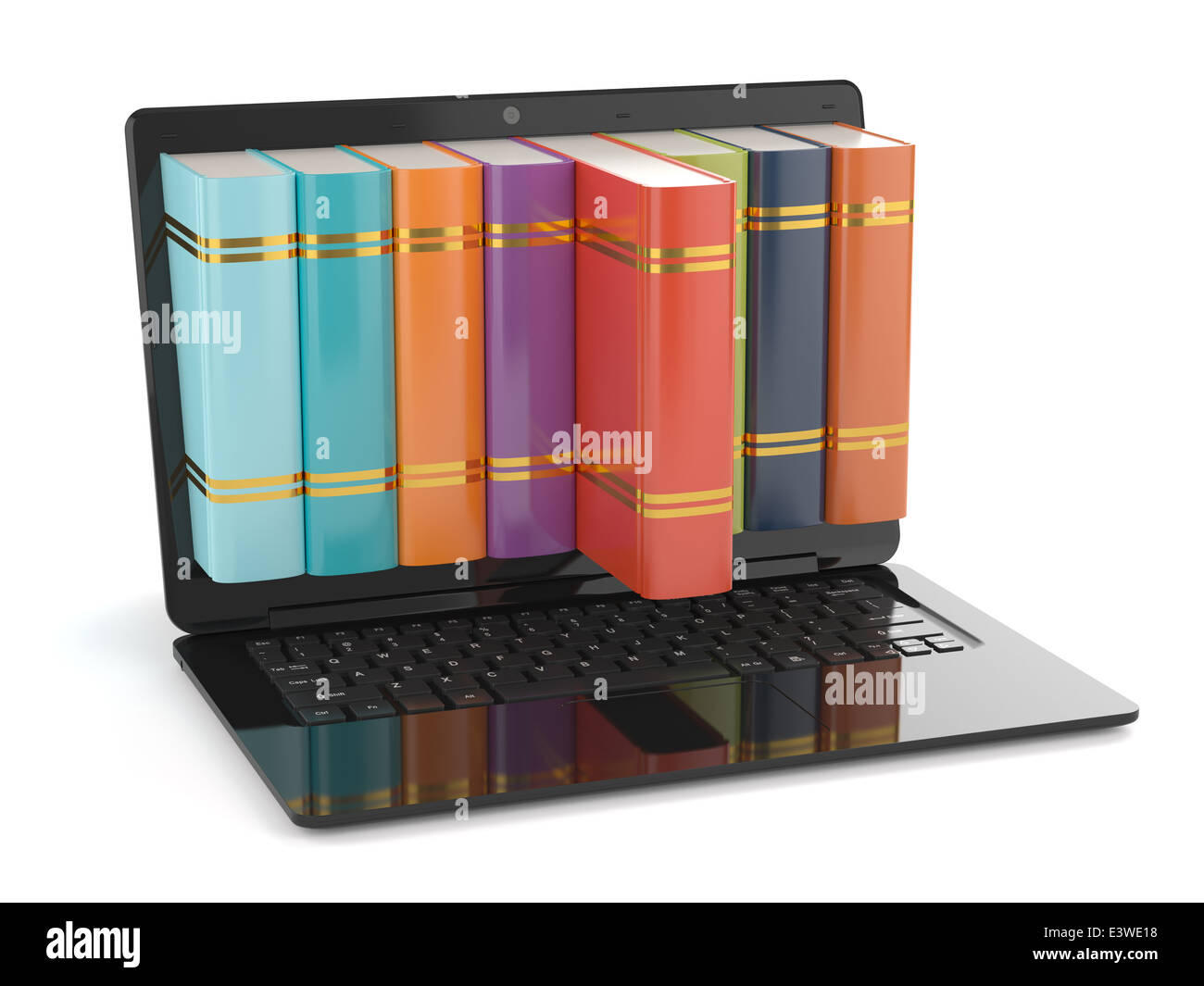 3d render of black laptop with books inside screen. Education concept ...