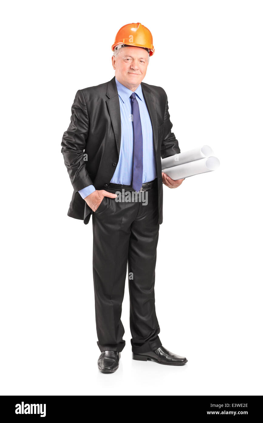 Full length portrait of a mature engineer holding construction plans ...