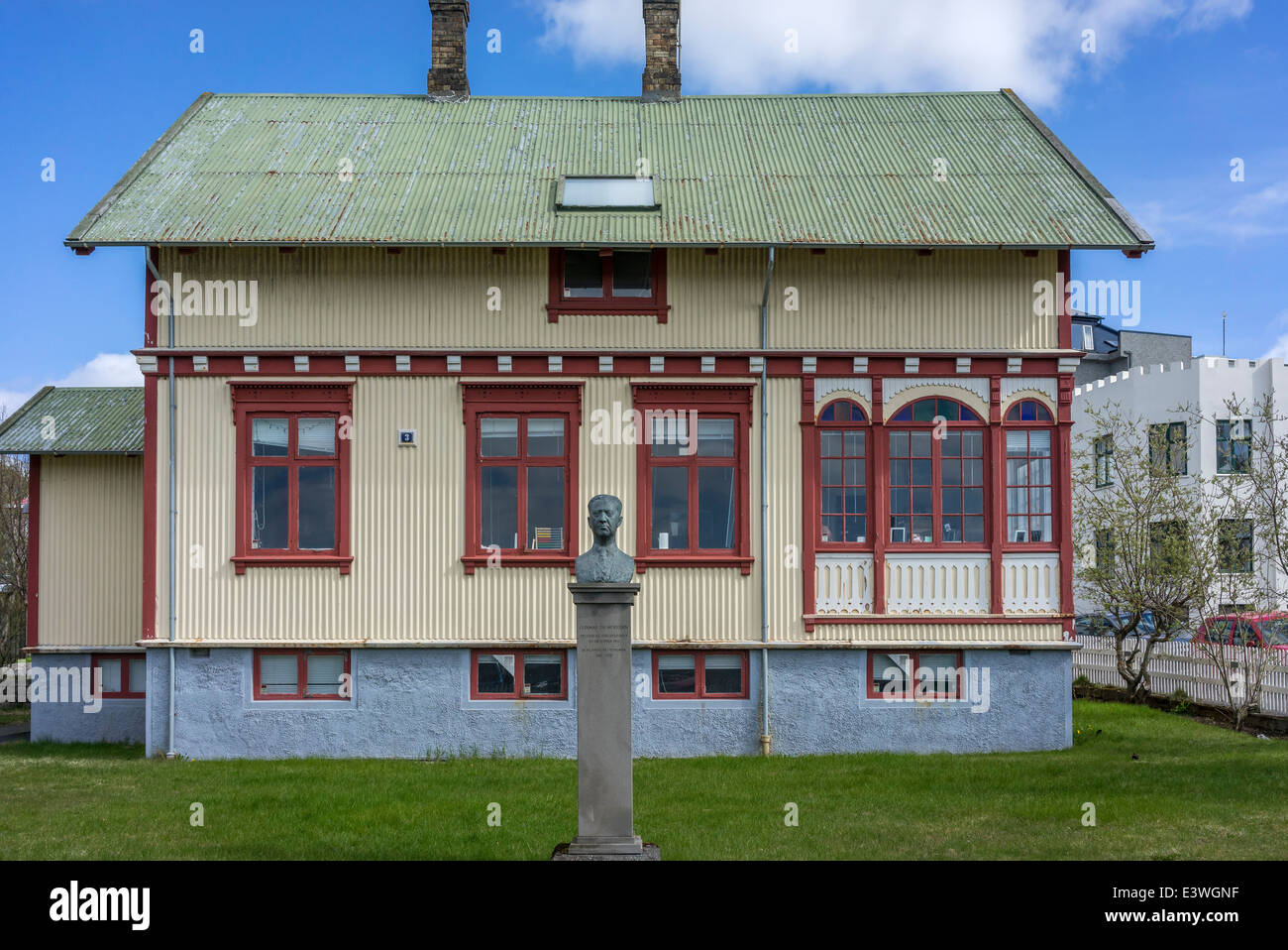 Bust of Gunnar Thoroddsen in front of his birth place. He was the mayor ...
