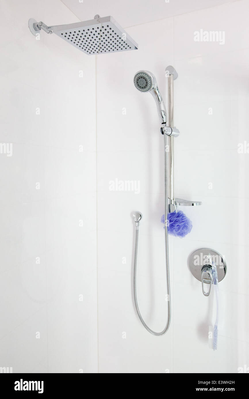 shower in new modern bathroom designer white and chrome fixtures Stock ...