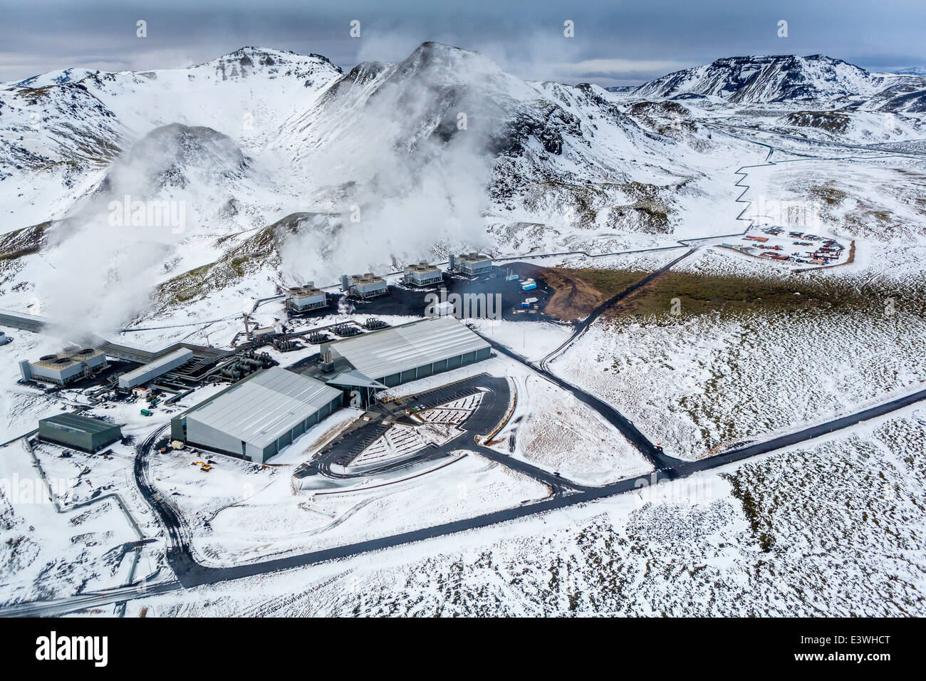 Aerial view of Hellisheidi Geothermal Power Plant in the winter ...