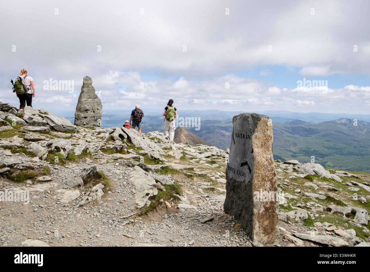 Sign and stone marker for top of the Watkin path on Mount Snowdon south ...