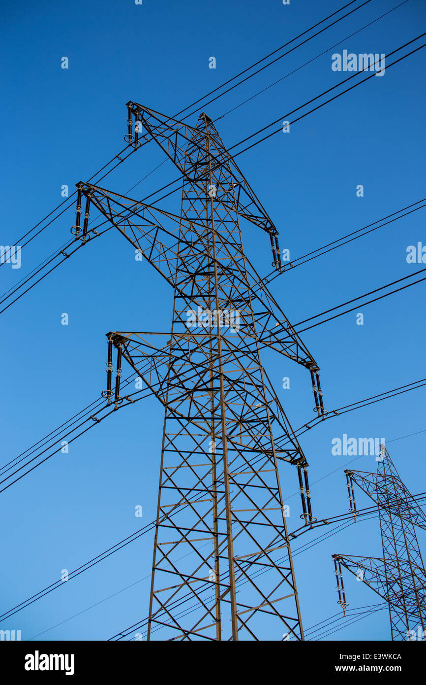 The powerlines with the blue clear sky Stock Photo - Alamy