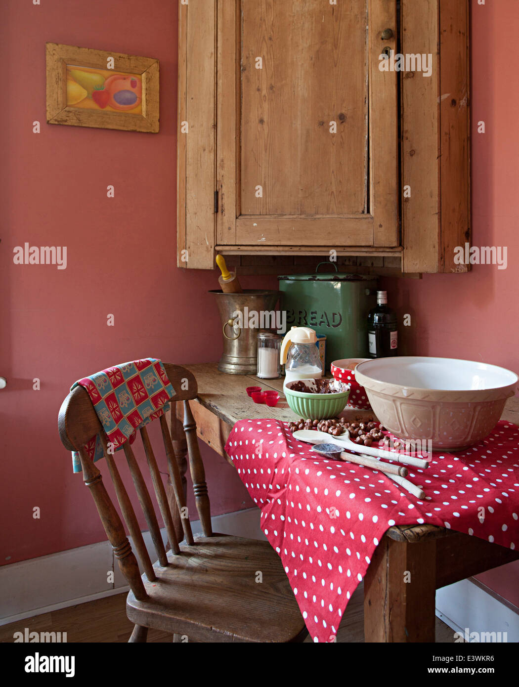 Ingredients laid out on an old wooden table in the kitchen in the home ...