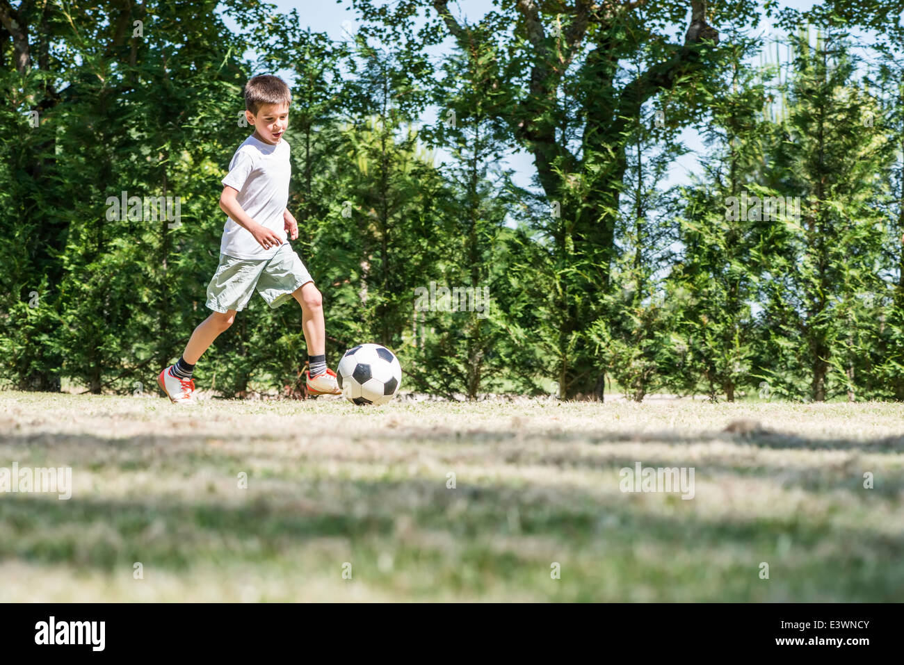 Child playing football in a stadium. Trees on the background Stock ...