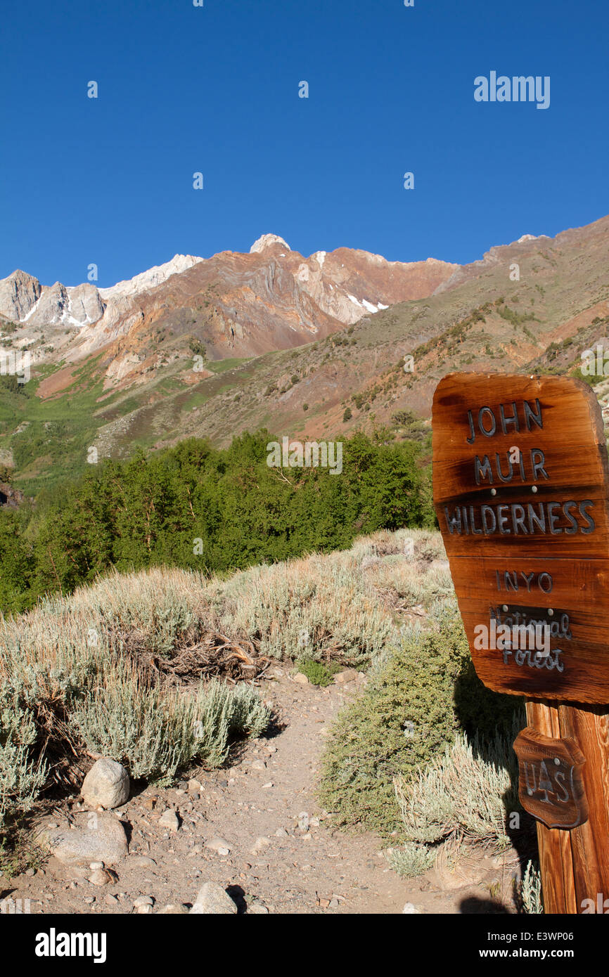 A wooden John Muir wilderness trail sign in the Inyo national forest of ...